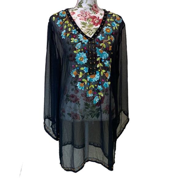 HENNAN | Swim | Hennan Black Embroidered Sheer Tunic 34 Sleeve Beach ...